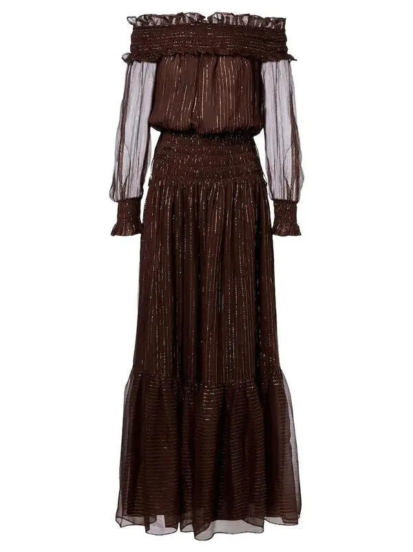 SELF-PORTRAIT Shirred Silk-blend Georgette Maxi Dress - Brown