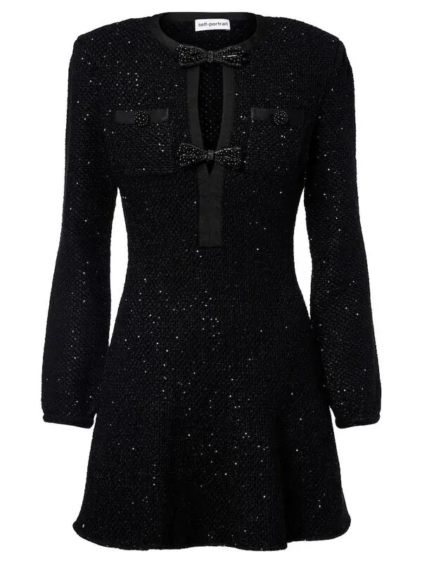 SELF-PORTRAIT Bow-detail Sequined Knitted Minidress - Black