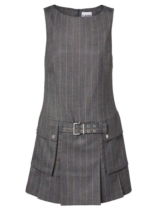 GANNI Belted Pinstripe Minidress - Grey