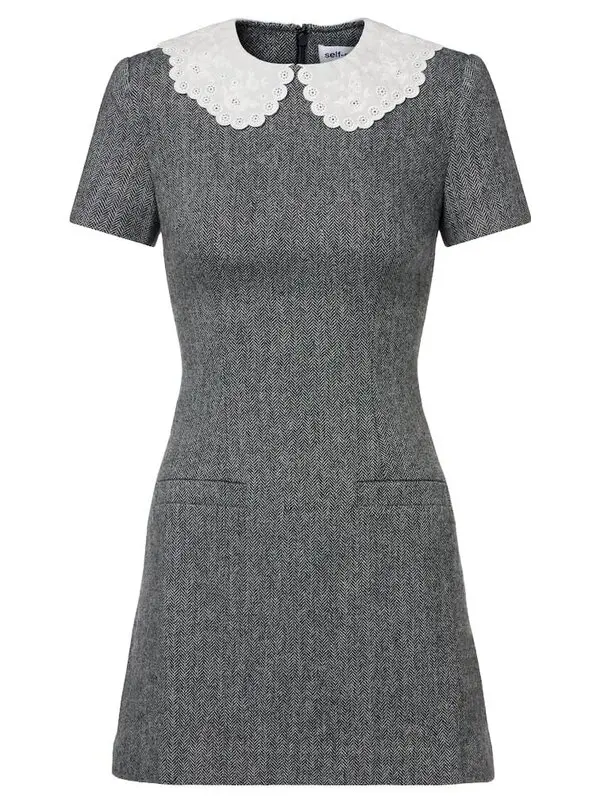 SELF-PORTRAIT Herringbone Wool-blend Mini Dress - Grey