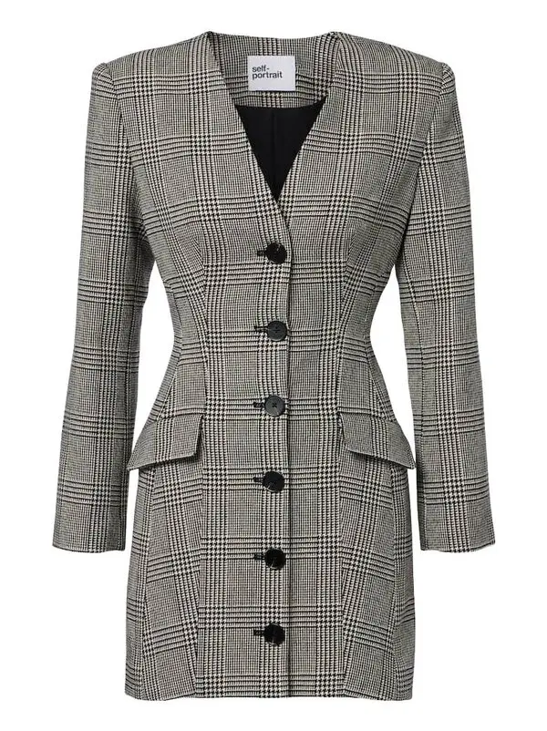SELF-PORTRAIT Checked Wool-blend Minidress - Black