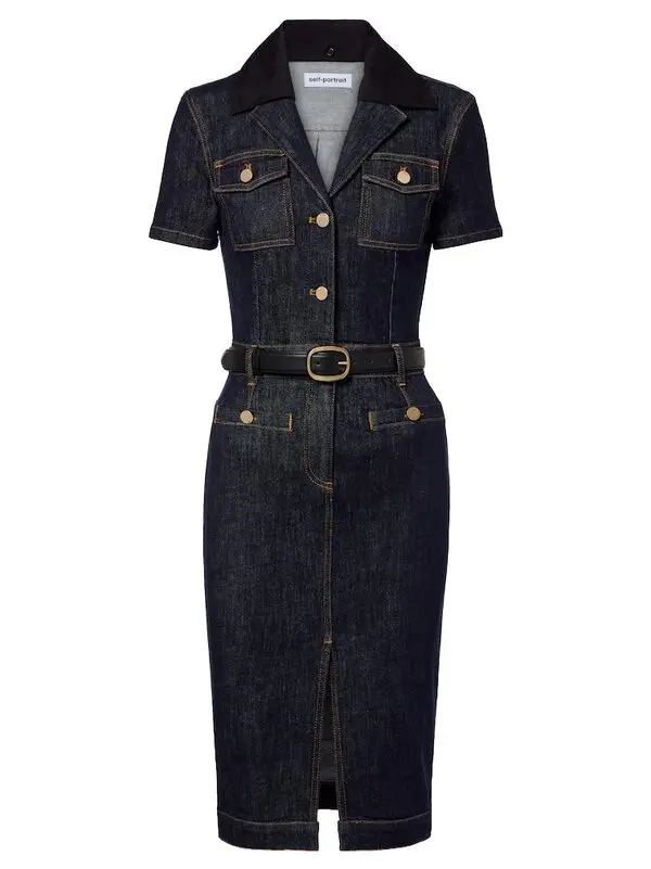 SELF-PORTRAIT Belted Denim Midi Dress - Blue