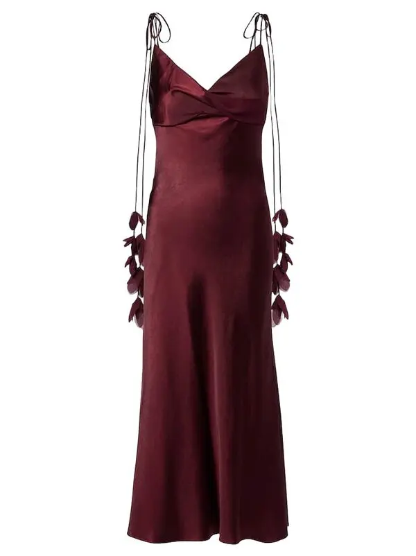 SELF-PORTRAIT Floral-applique Satin Slip Dress - Burgundy