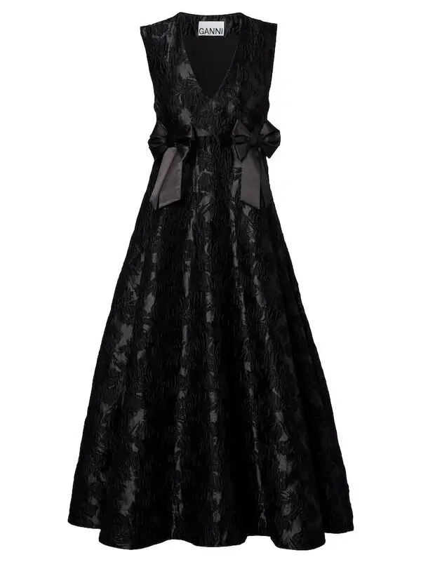 GANNI Floral Satin Cloque Midi Dress With Bow Detail - Black