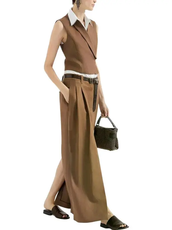 Brunello Cucinelli Linen Midi Skirt With Monili Detail - Brown