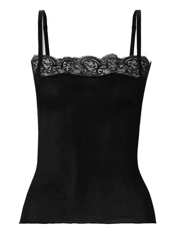 Saint Laurent Scalloped Lace-trimmed Ribbed Silk-jersey Tank - Black