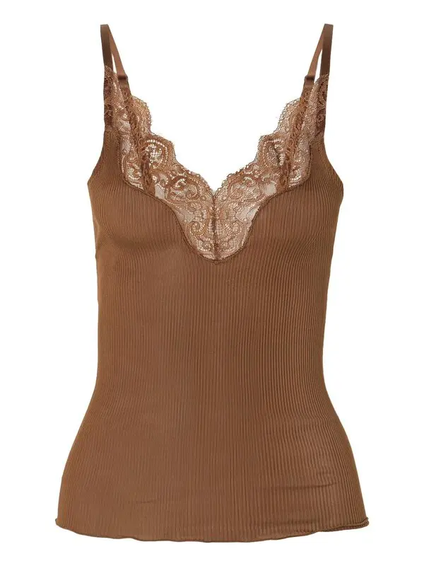 Saint Laurent Lace-trimmed Ribbed Tank - Brown