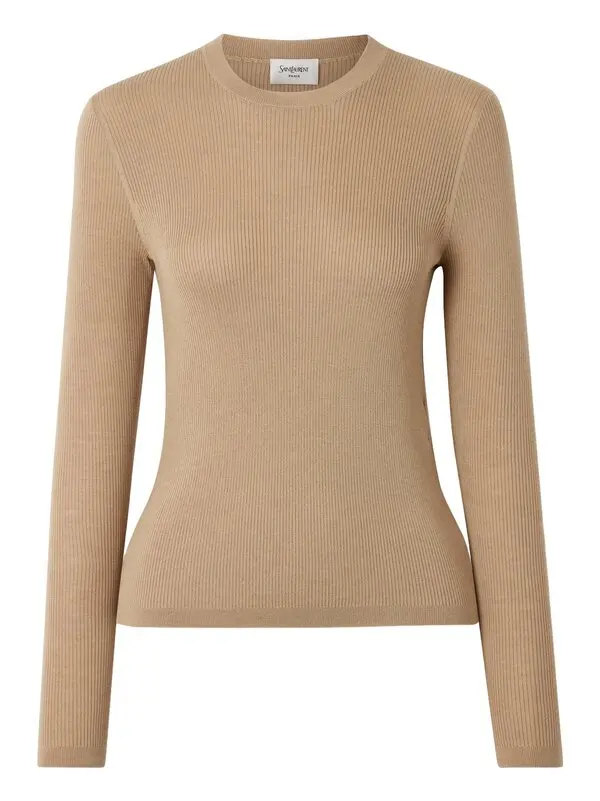 Saint Laurent Ribbed Wool, Cashmere And Silk-blend Top - Neutrals
