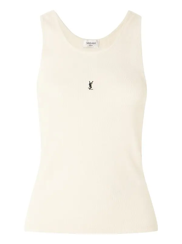 Saint Laurent Cassandre Embroidered Ribbed Tank - Neutrals