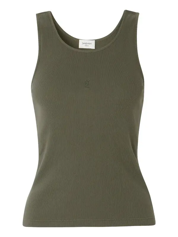 Saint Laurent Cassandre Embroidered Ribbed Tank - Green