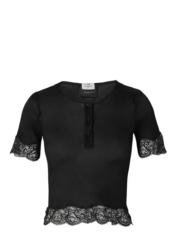 Saint Laurent Scalloped Lace-trimmed Ribbed Henley Top - Black