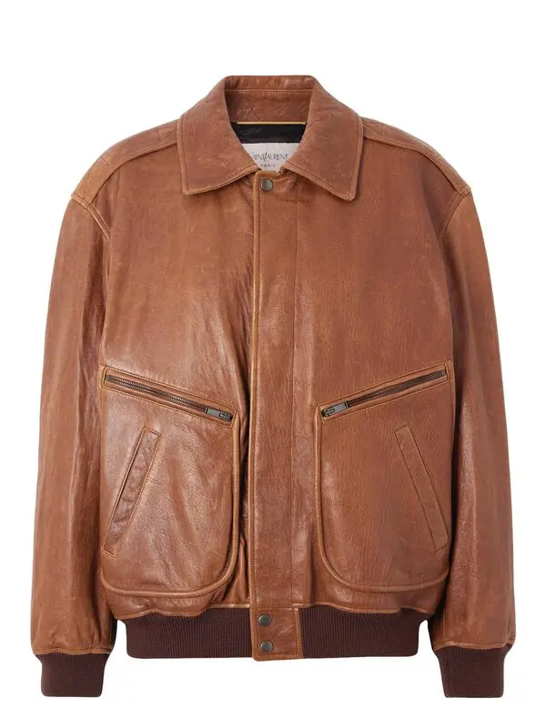 Saint Laurent Leather Bomber Jacket - Brown
