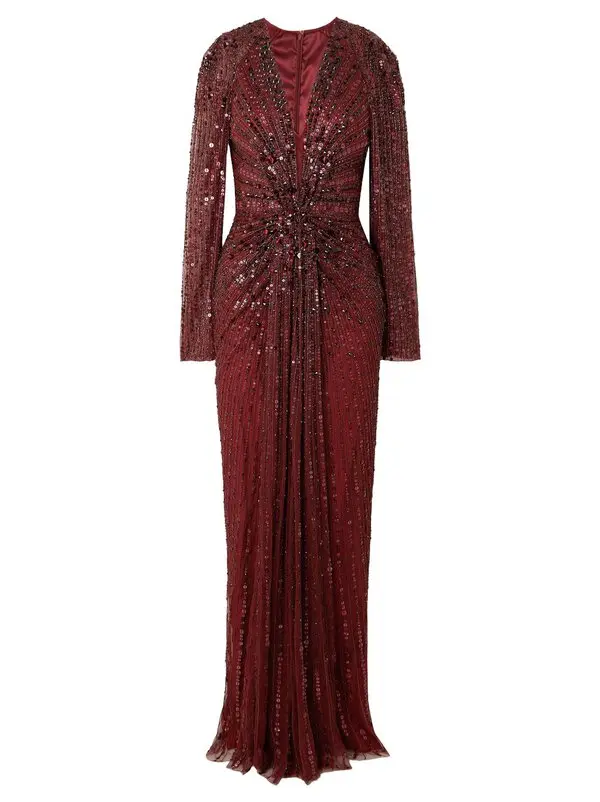 Jenny Packham Nina Gathered Embellished Tulle Gown - Burgundy