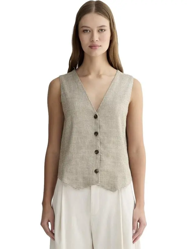 Everlane Vest In Stretch Linen - Deep Taupe Mini Gingham