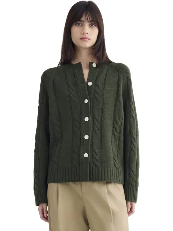Everlane Cable Cardigan In Extrafine Luxe Merino - Dark Forest