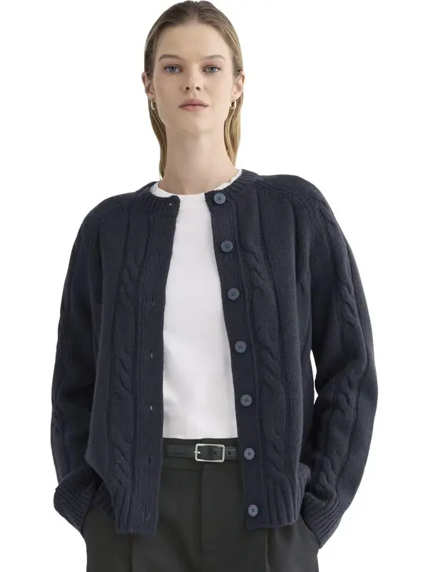 Everlane Cable Cardigan In Extrafine Luxe Merino - Navy