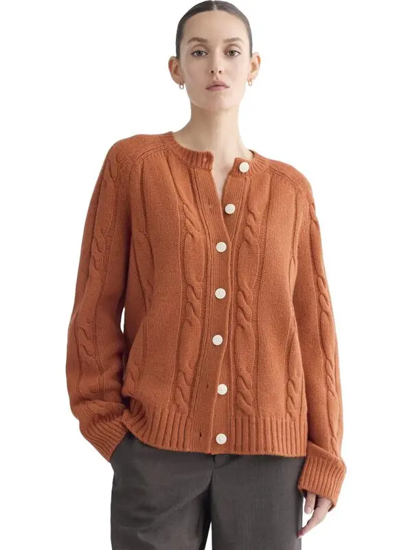 Everlane Cable Cardigan In Extrafine Luxe Merino - Rust Heather