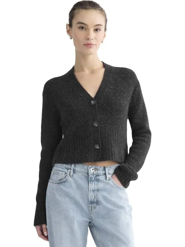 Everlane High V Cropped Alpaca Cardigan - Heather Black