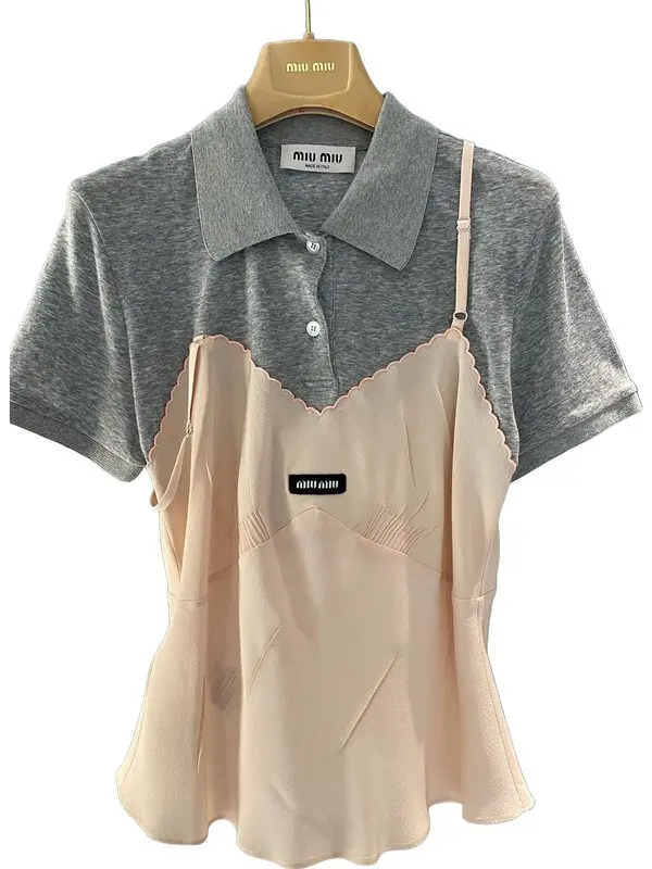 Miu Miu Layered Slip Top - Gray, Pink