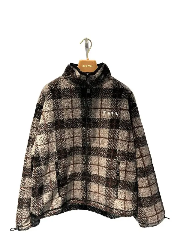 Miu Miu Fleece Jacket Gray Plaid - Brown, Beige And Black