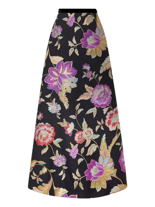 Valentino Garavani Velvet-trimmed Floral-brocade Maxi Skirt - Black