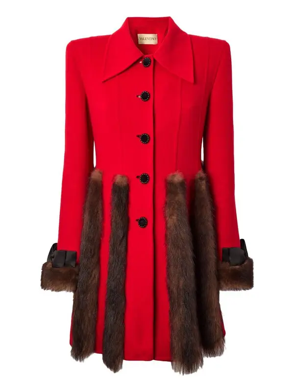 Valentino Garavani Bow-detailed Shearling-trimmed Cashmere Coat - Red