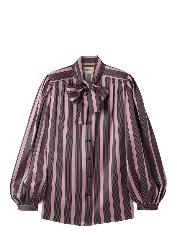 Valentino Garavani Striped Silk-satin Blouse With Pussy-bow - Purple