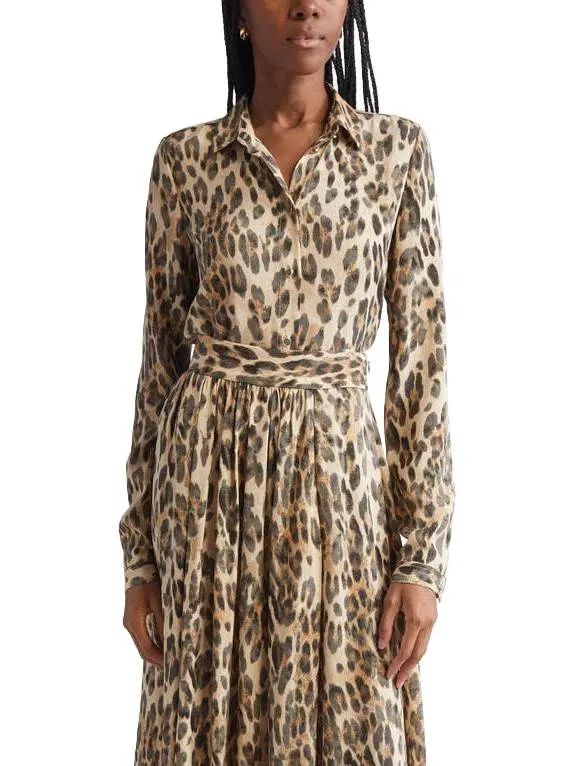 St. John Leopard Print Silk Georgette Shirt - Brlt Bronze Latte Multi