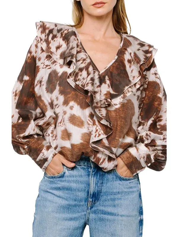 CIEBON Animal Print Ruffle Top - Brown Multi