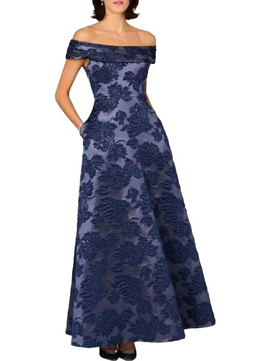 Aidan Mattox Floral Jacquard Off-the-shoulder Gown - Navy