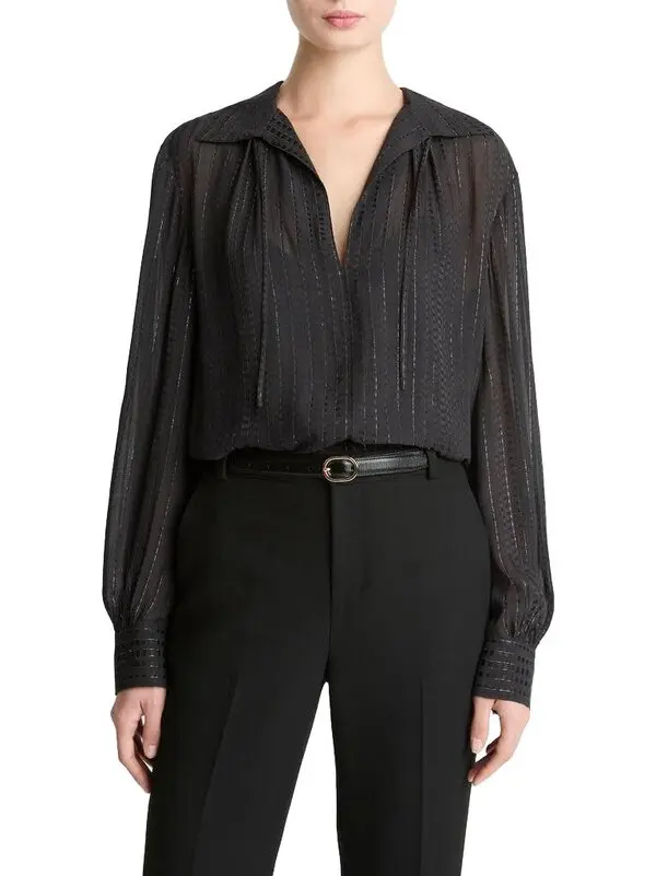 Vince Metallic Stripe Long Sleeve Top - Black