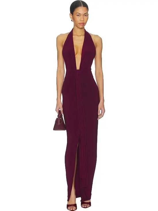 Norma Kamali Tie Front Halter Gown - Plum