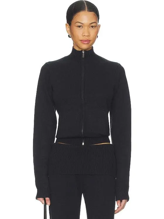 SKIMS Wool Cashmere Zip Up Mock Neck Sweater - Onyx
