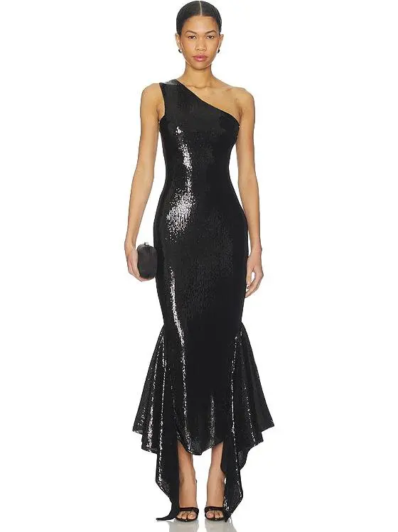 SKETCH-Y Sequin One Shoulder Dress - Black Sequin