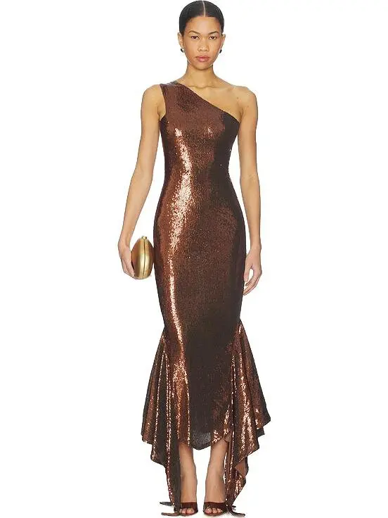SKETCH-Y Sequin One Shoulder Fishtail Hem Dress - Chocolate Brown