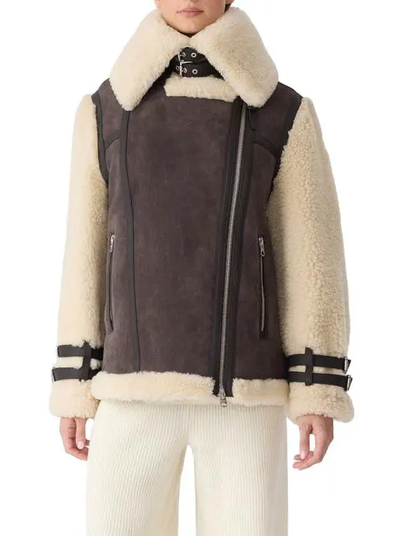 Mackage Rhoslyn Oversize Genuine Shearling Moto Jacket - Coffee-natural