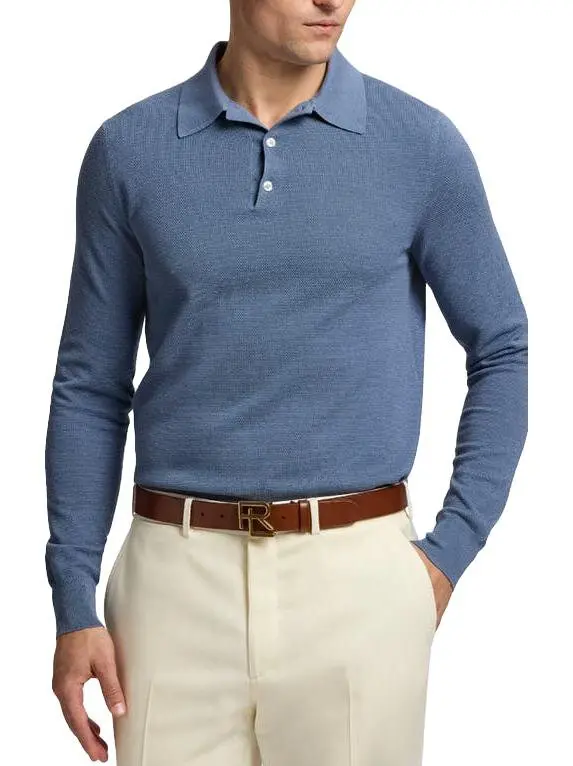 Ralph Lauren Purple Label Long Sleeve Mulberry Silk & Cotton Polo Sweater - Soft Blue