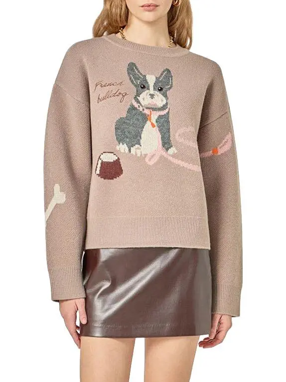 English Factory Embroidered French Bulldog Intarsia Sweater - Taupe Multi