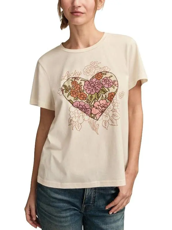 Lucky Brand Cotton Floral Heart T-shirt - Butter Cream