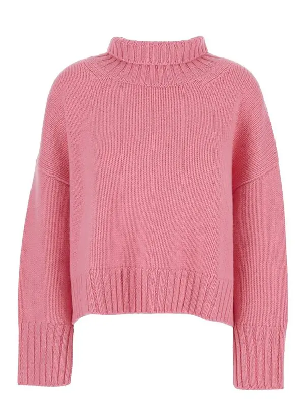 Soft Goat Cashmere Turtleneck Sweater With Ribbed Trims - Pink