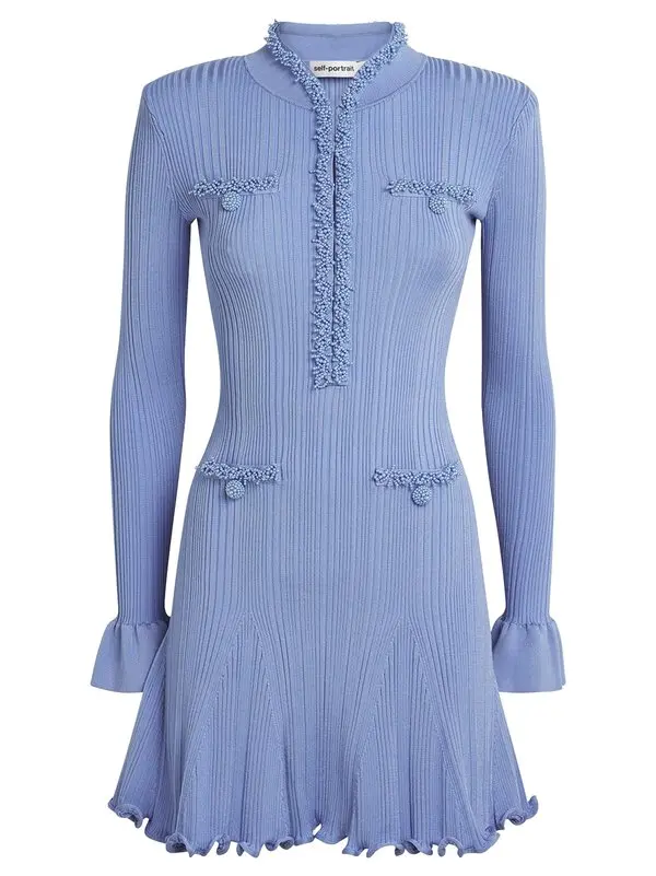 SELF-PORTRAIT Embellished Knitted Mini Dress - Blue