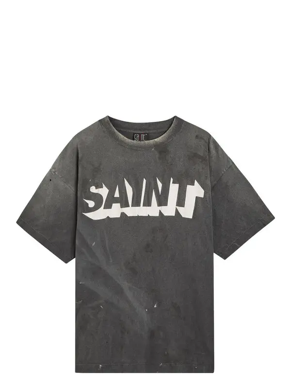 SAINT MXXXXXX Alpha Logo-print Distressed Cotton T-shirt - Black
