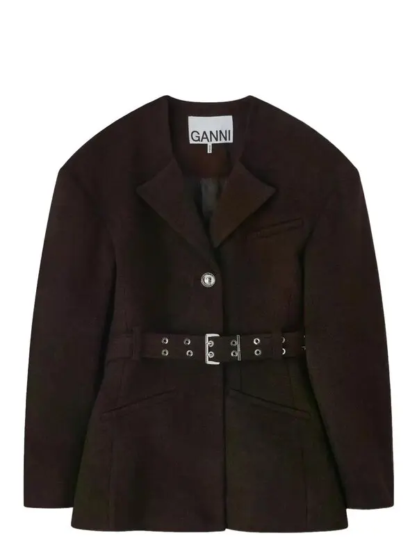 GANNI Belted Single-breasted Jacket - Brown