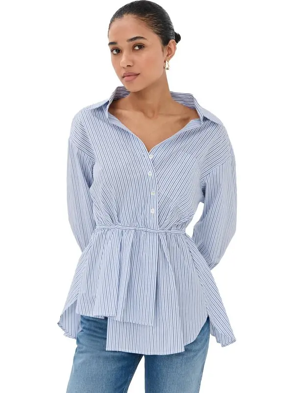 Rosie Assoulin Falling Off Shoulder Shirt - Blue Stripe