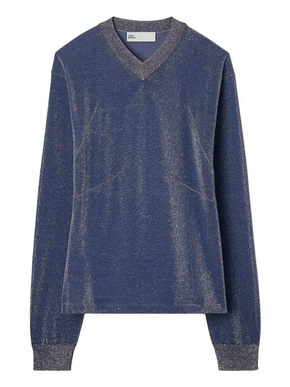 Tory Burch Metallic V-neck Sweater - Blue/gold