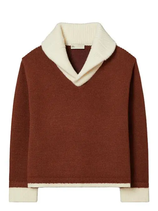 Tory Burch Contrast Collar Wool Sweater - Dark Cranberry/white