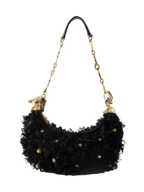 Chloé Chain Horse Embellished Shearling Shoulder Bag - Black