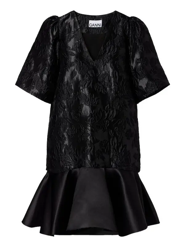 GANNI Satin Cloqué Minidress - Black