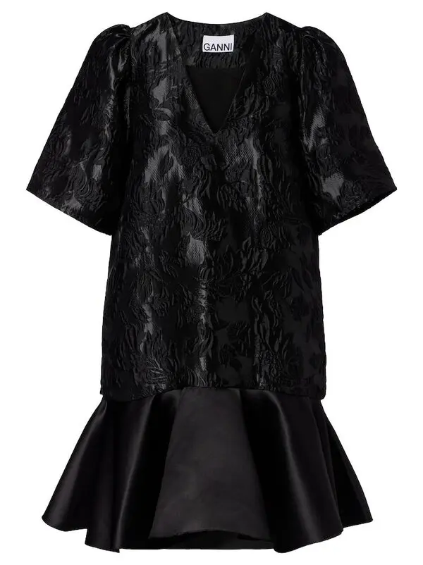 GANNI Satin Cloqué Minidress - Black