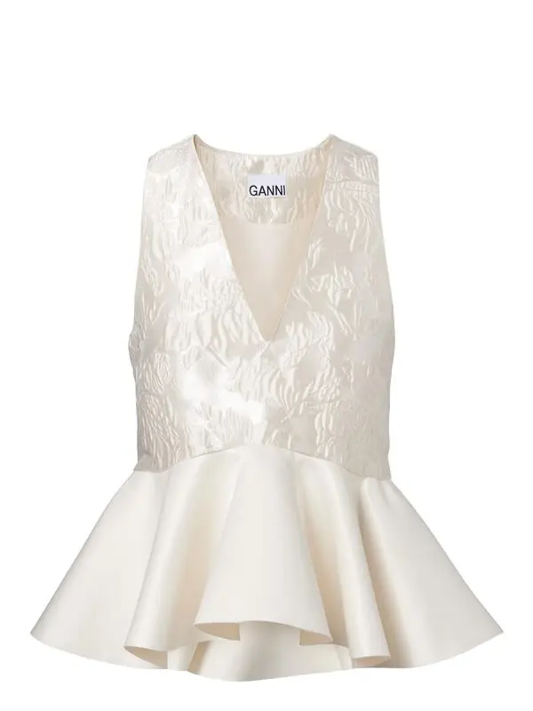 GANNI Peplum Satin Cloqué Top - White